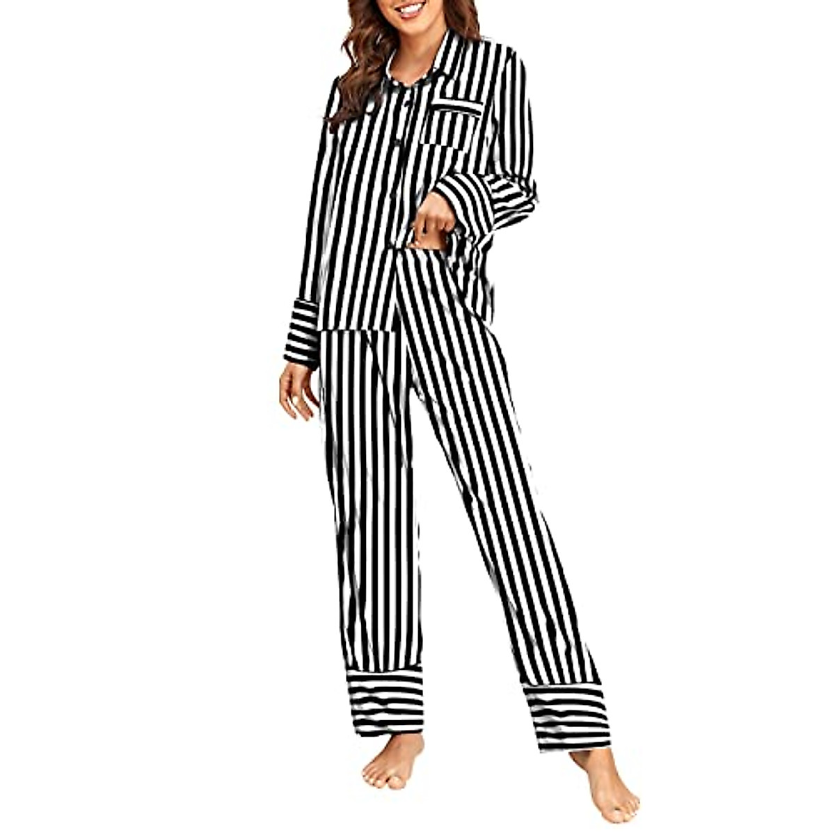 DUWMCON Striped Silk Satin Sleepwear for Women Pajama Set Long Sleeve Button Down Nightwear Two Piece Loungewear Pjs Set Black Striped XS