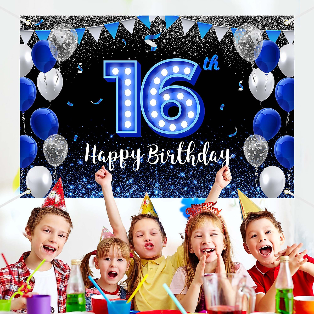 Happy 16th Birthday Backdrop Banner Blue Black Theme Background With Blue Neon Light Shiny Fashion Birthday Party Photo Photography Prop Booth Background for Boys Girls Celebration 70.8x47.2in-BECKTEN