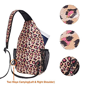 MOSISO Sling Backpack,Travel Hiking Daypack Leopard Print Rope Crossbody Bag, Pink, Medium