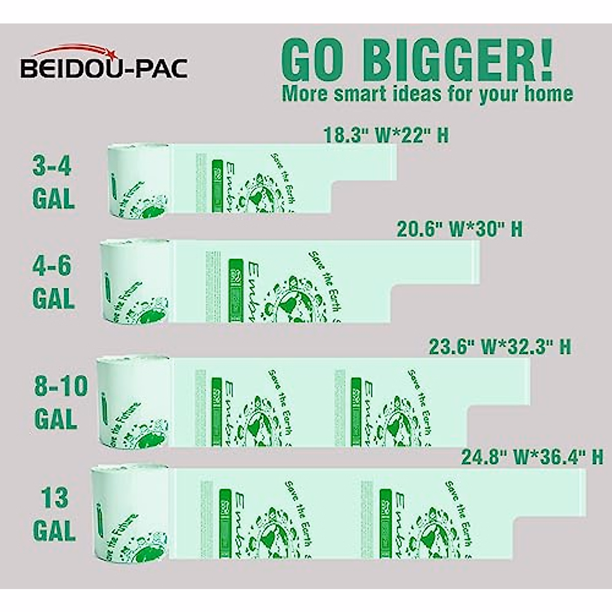 BEIDOU-PAC 8-10 Gallon Compostable Trash Bags, 40 Count, Compost Bags Kitchen Trash Bags with Handle, Sturdy Biodegradable Garbage Bags Food Scrap Waste Bags, ASTM D6400, US BPI Certified