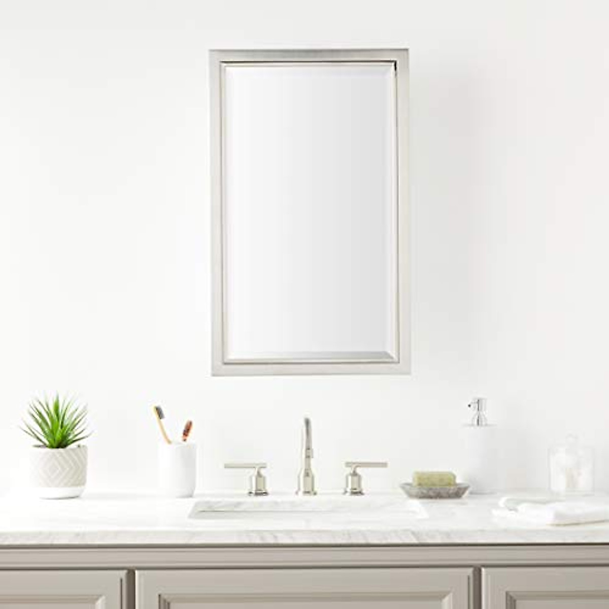 Head West Brushed Nickel with Chrome Recessed Medicine Cabinet Mirror - Stainless Steel Bathroom Mirror with Storage, Beveled Edge, and Adjustable Shelve - Small Medicine Cabinets for Bathroom 16"x26"