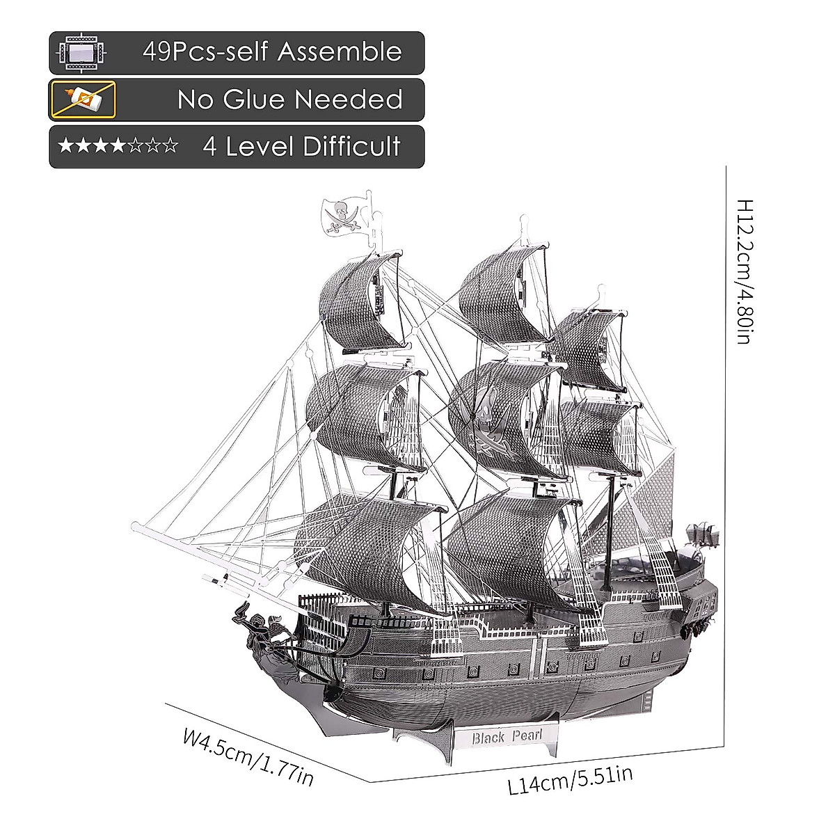Piececool 3D Puzzle for Adults Metal Model Kits-Black Pearl Pirate Ship DIY 3D Metal Puzzles, Flying Dutchman Model Ship STEM Building Kit Puzzle Toy, Great Birthday Gift Idea-49 Pcs