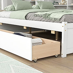 Harper & Bright Designs Full Bed with Storage Drawers and Side Bookcase, Solid Wood Platform Frame, Full Size Daybed Sofa for Bedroom Living Room (Full Size, White) White(side Bookcase)
