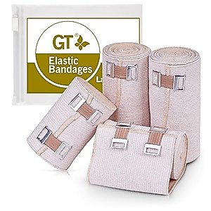 Premium Elastic Bandage Wraps (4" 2pack & 3" 2Pack) Metal Clip Fasteners - GT Latex Free Roll for Sprains & Injuries