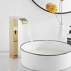 GGStudy Automatic Sensor Polished Gold Touchless Bathroom Vessel Sink Faucet Vanity Faucets Hands Free Waterfall Bathroom Water Tap with Control Box and Temperature Mixer