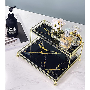 Simmer Stone Makeup Organizer Shelf, 2-Tier Cosmetic Storage Basket with Glass Tray, Wire Vanity Organizer Rack for Bathroom, Countertop, Dresser and More, Medium Size