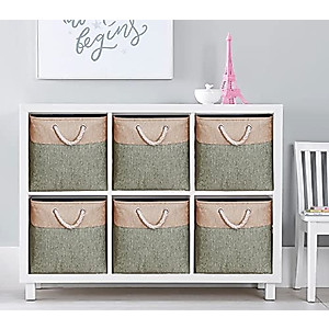 Extra Large Cube Storage Baskets (13 × 13 × 13 inches), Canvas Fabric Storage Boxes with Cotton Handles for Cupboards, Shelves, Clothes, Toys, Towel (Large, Green)