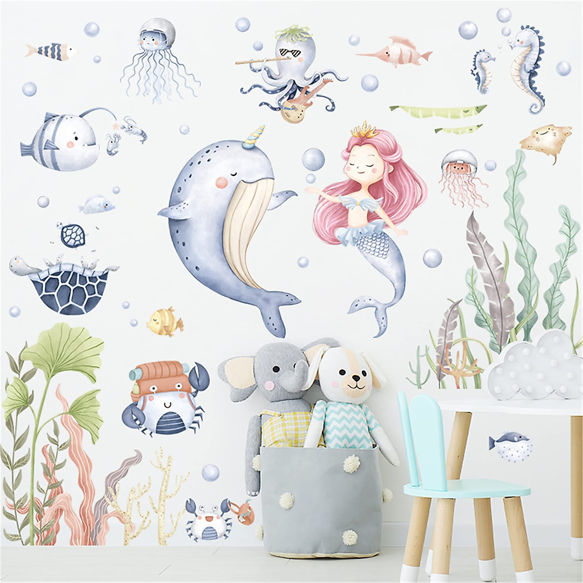 WAFT YEARN Vinyl Removable Lovely Mermaids Fish Underwater Ocean Animal Wall Decal Wall Sticker Decor for Nursery School Classroom Bedroom Bathroom Girls Room Playroom 29.1 in by 37 in