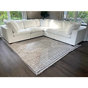 BoutiqueRugs Maulawin Farmhouse High Low Textured Shag Area Rug - Boho Moroccan Geometric Carpet for Living Room, Bedroom, Dining Room - Charcoal, Cream, Peach - 6'7" x 9' (6x9 Area Rug)