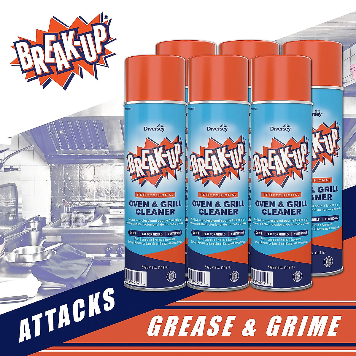Diversey CBD991206 Break-Up Professional Oven & Grill Cleaner, Heavy Duty Spray Removes Baked on Grease, Aerosol, 19-Ounce (Pack of 6)