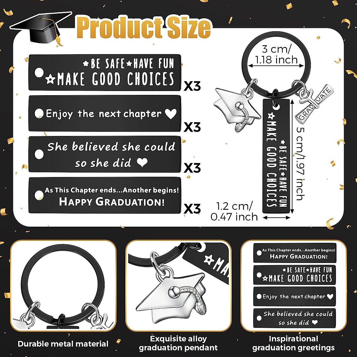 Batiyeer 24 Set Graduation Gifts Keychain for Class of 2024 with Graduation Cards for High School College Grads Women(Black Round, Black Rectangle)
