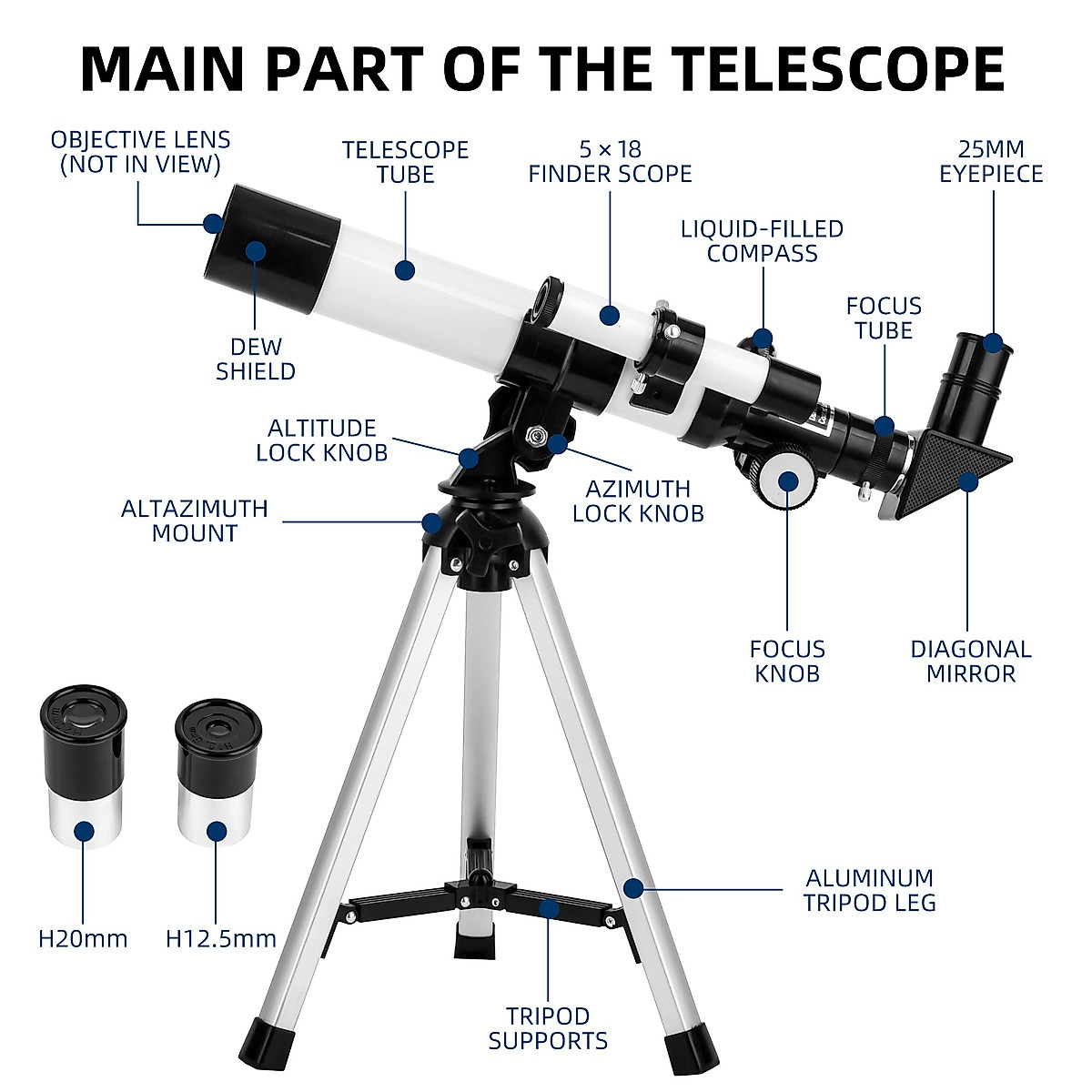 Telescope for Kids Focal Length 400mm Aperture 40mm(400x40mm) with Compass &Tripod& Finder Scope, Refractor Portable Kids' Telescope and Beginners' Telescope for Exploring The Moon and Its Craters