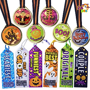 JOYIN 24 PCS Halloween Medal Trophies and Trophy Ribbons for Halloween Award Party Celebration and Spooky Contest Rewards, Halloween Party Favors for Kids, Carnival Game Prizes