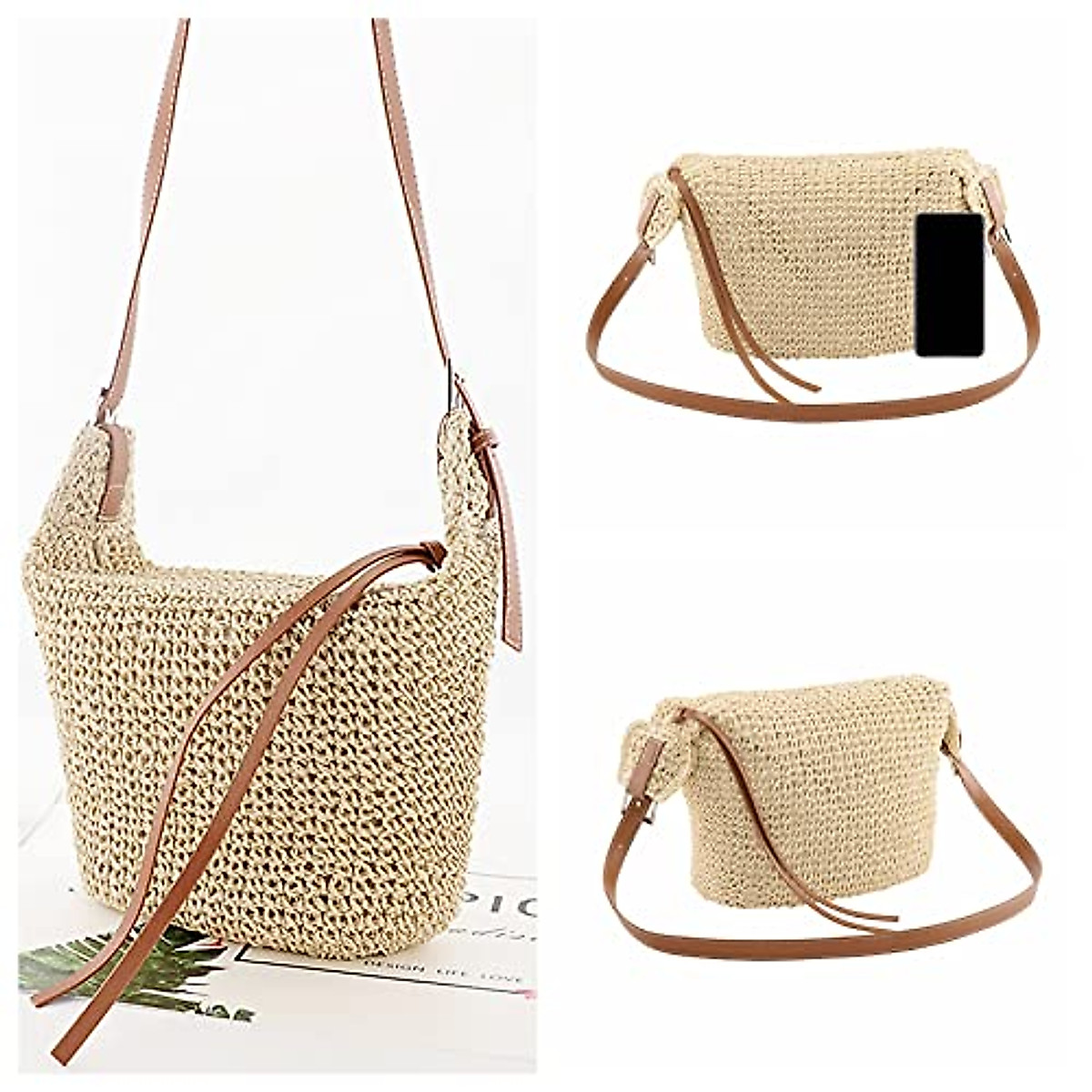 Ayliss Women Straw Handbag Purse Small Summer Beach Handmade Crossbody Shoulder Tote Handbag Handwoven Beach Straw Bag (Beige)