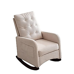 Obuvar Upholstered Rocking Chair, Accent Glider Rocker with 1 Pockets, Comfy Armchair with Low Backrest and Double Layer Cushion, Baby Nursery Glider for Living Room, Bedroom (Dark Beige)