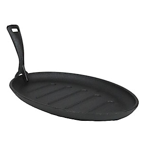 Ebros Personal Size 10.5" By 7" Enamel Coated Cast Iron Sizzling Fajita Skillet Ridged Japanese Steak Plate With Handle and Wood Base For Restaurant Home Kitchen Cooking Pan Grilling Meats Seafood