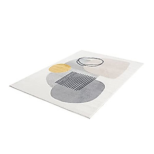 Abani Rugs Cream and Gray 6 ft. X 9 ft. Mid-Century Rug with Circles and Lines. Neutral Tones of Cream, Gray and a pop of Yellow. Minimalistic Design Turkish Stain Resistant Area Rug.