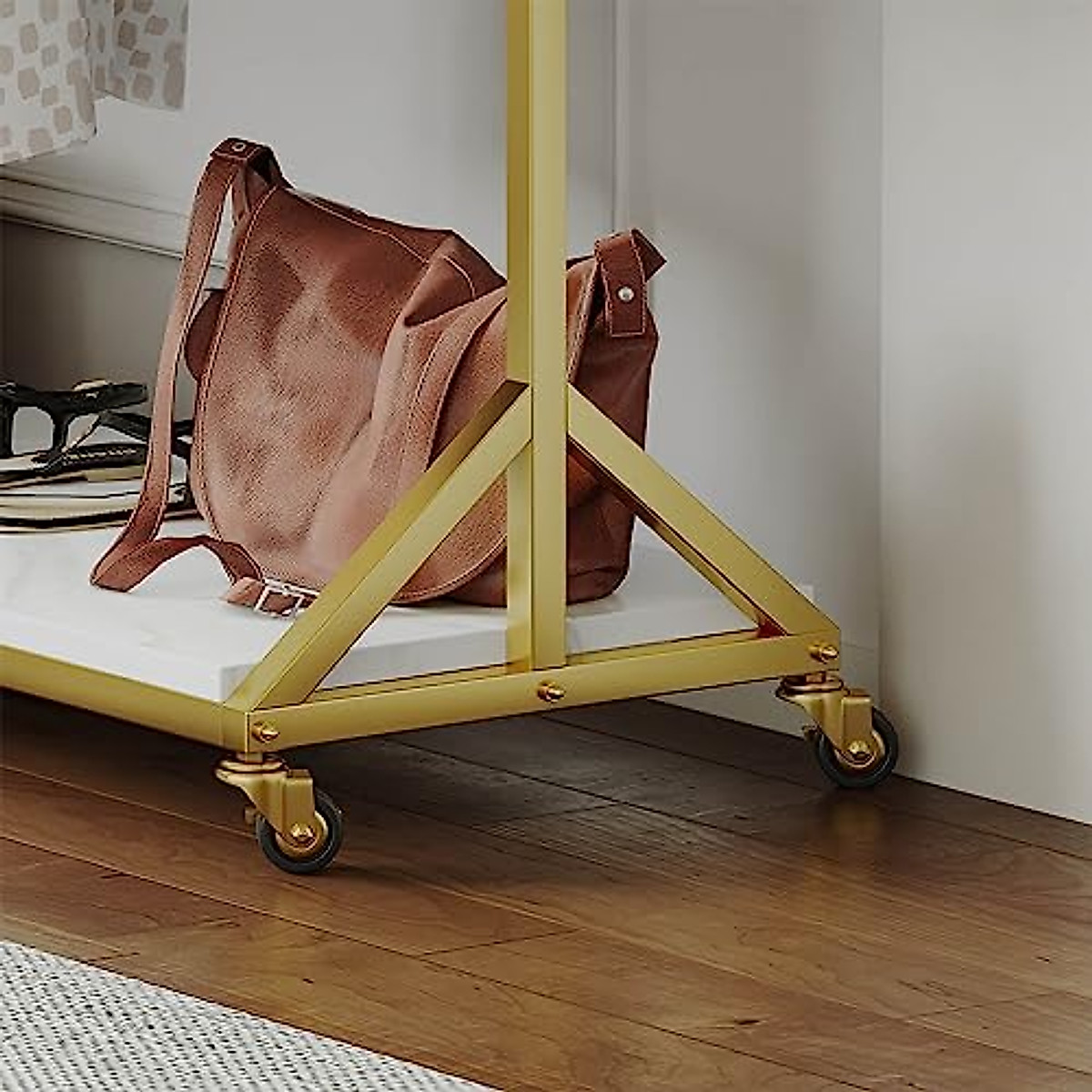 LBSLMJB Clothing Garment Rack with Shelves and Wheels, Metal Rolling Clothes Rack for Hanging Clothes Heavy Duty Portable Standing Clothing Rack Organizer Gold