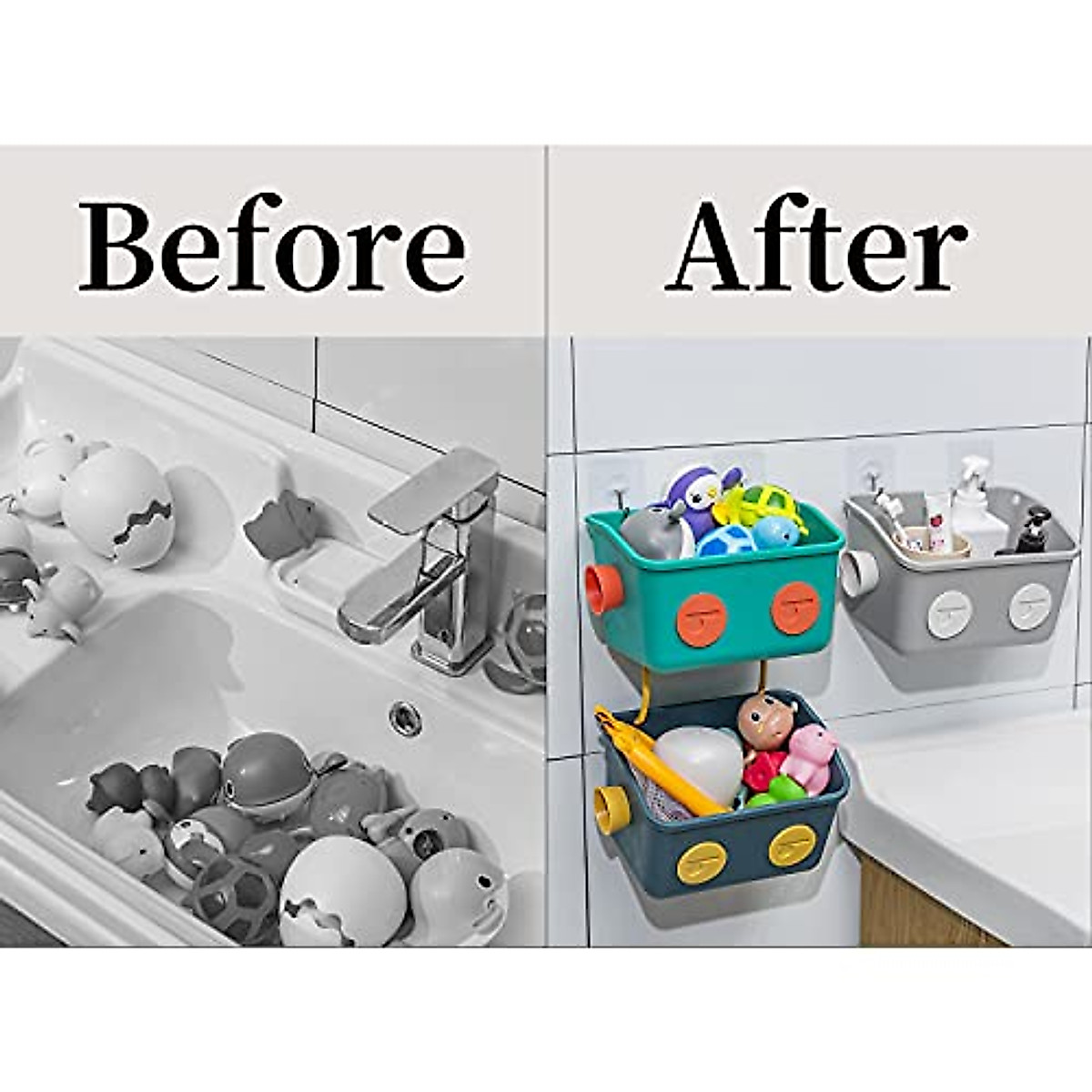 LUFOFOX Bath Toy Storage Organizer Basket, 3 Layers Colorful Robot Modeling Wall Mounted Kids Hanging Shower Caddy with Hooks for Shampoo