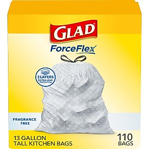 Glad ForceFlex Drawstring Trash Bags, 13 Gal, Fragrance Free, 110 Ct, Pack May Vary