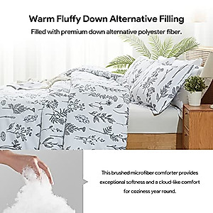 Maple&Stone Queen Floral Comforter Set, White Bedding Set 3pcs Soft and Durable Microfiber with Elegant Plant Flowers Print Bedding Comforter Sets - Includes 2 Pillowcases