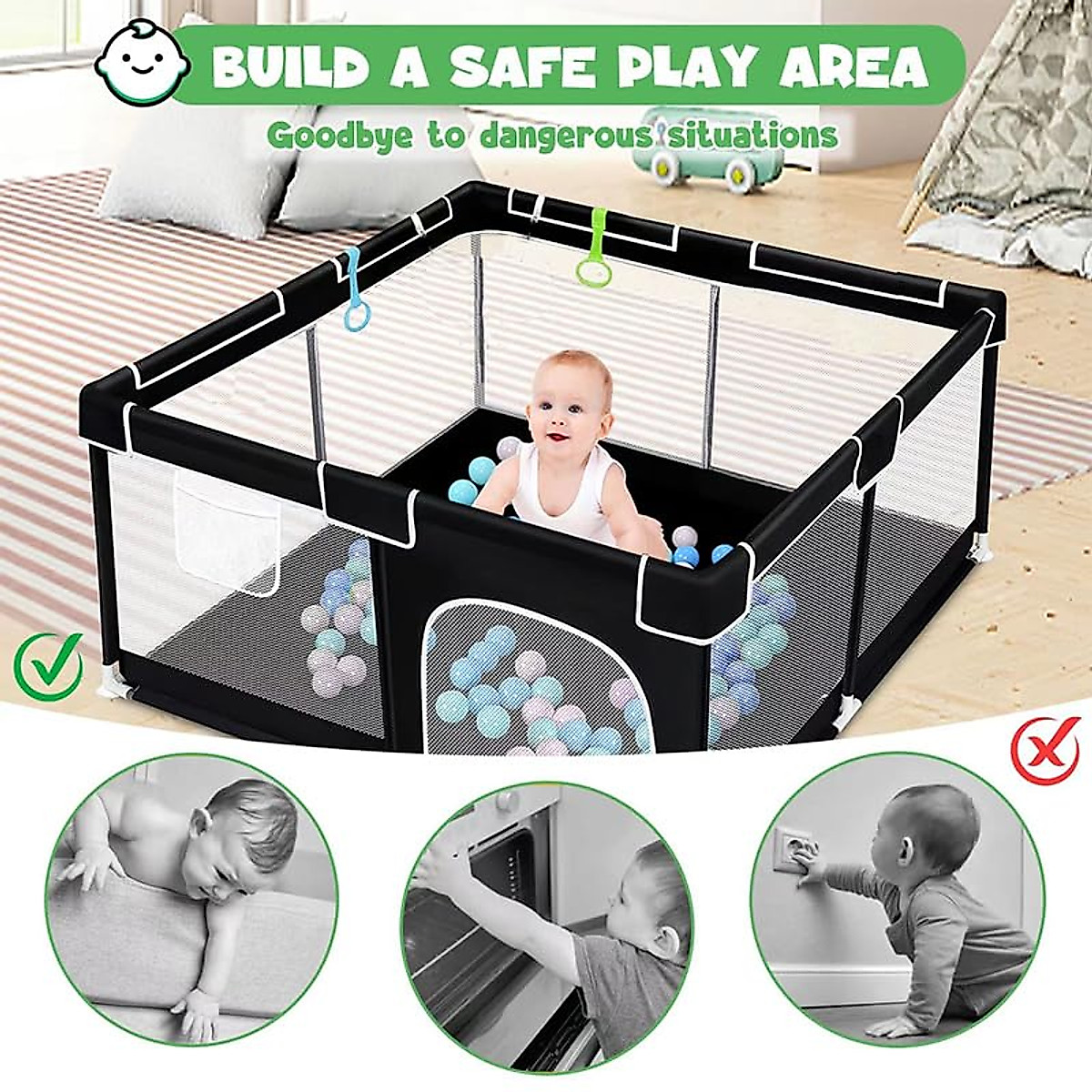 BeeHalo Baby Playpen Baby Playard, Playpen for Babies and Toddlers with Gate, Indoor & Outdoor Kids Activity Center with Anti-Slip Base,Sturdy Safety Play Yard with Soft Breathable Mesh(Black,50”×50”)