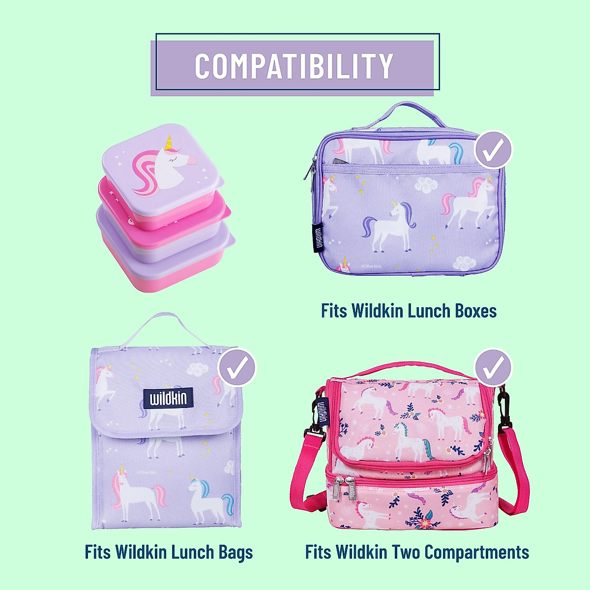 Wildkin Nesting Food Containers for Kids – Stackable, Airtight & Dishwasher Safe - Set of 3 - Unicorn