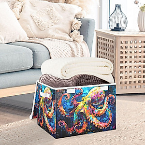 YMGQYJ Oil Painting Animal Storage Cube with Lid Collapsible, Large Capacity Foldable Storage Basket Bin Organizer 16.5×12.6×11.8 inches