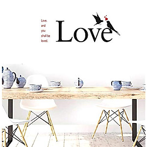 BIBITIME Love and You Shall be Loved Quotes Stickers Couple Birds Kissing Red Hearts Wall Decal Vinyl Sticker for Living Room Couple Bedroom Girlfriend Room Decor
