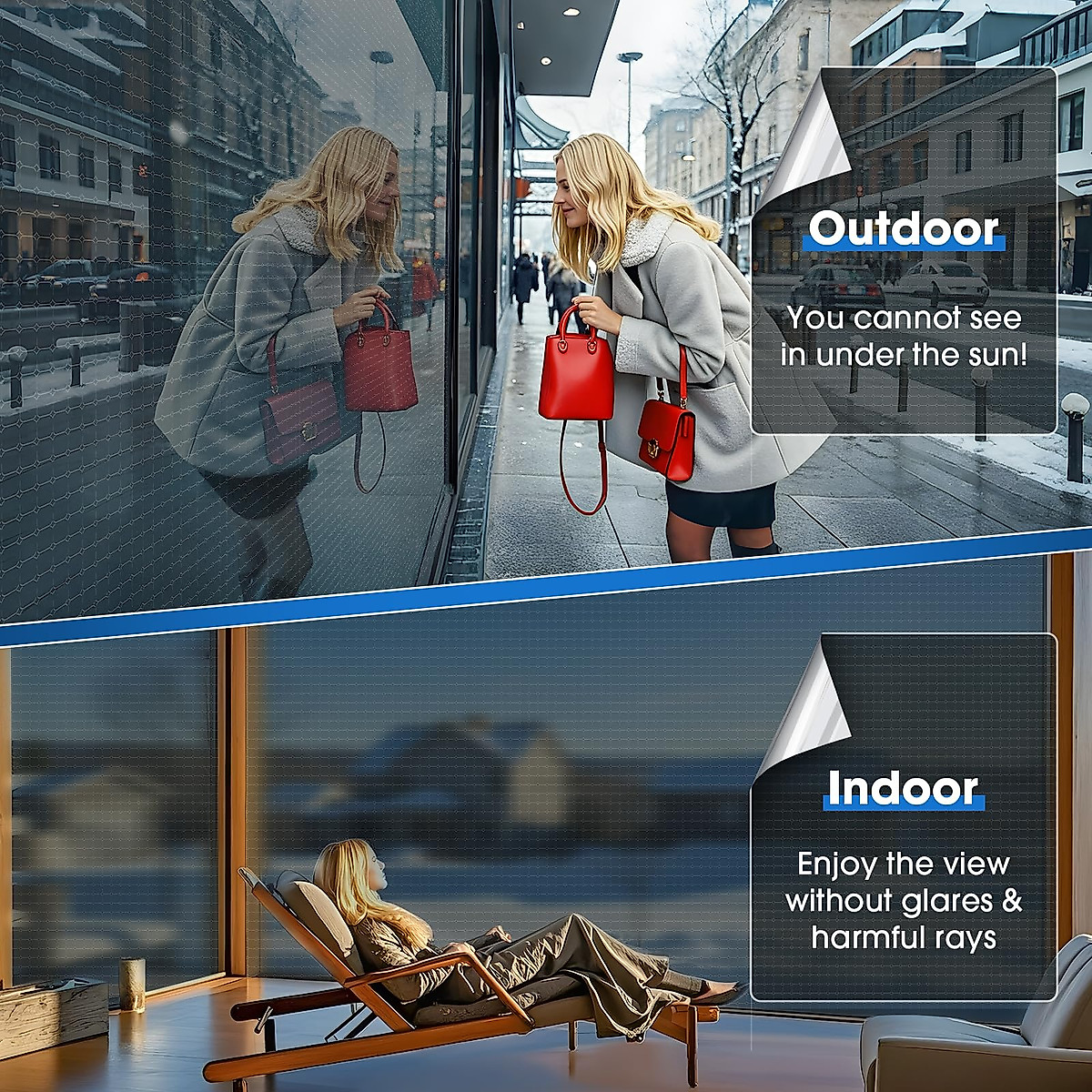 Coavas One Way Privacy Window Film,Reflective Home Glass Mirror Tint See Out Not in,Heat UV Blocking Static Cling for Office Front Door Daytime Privacy Covering, Blue-Silver,17.5x78.7 in