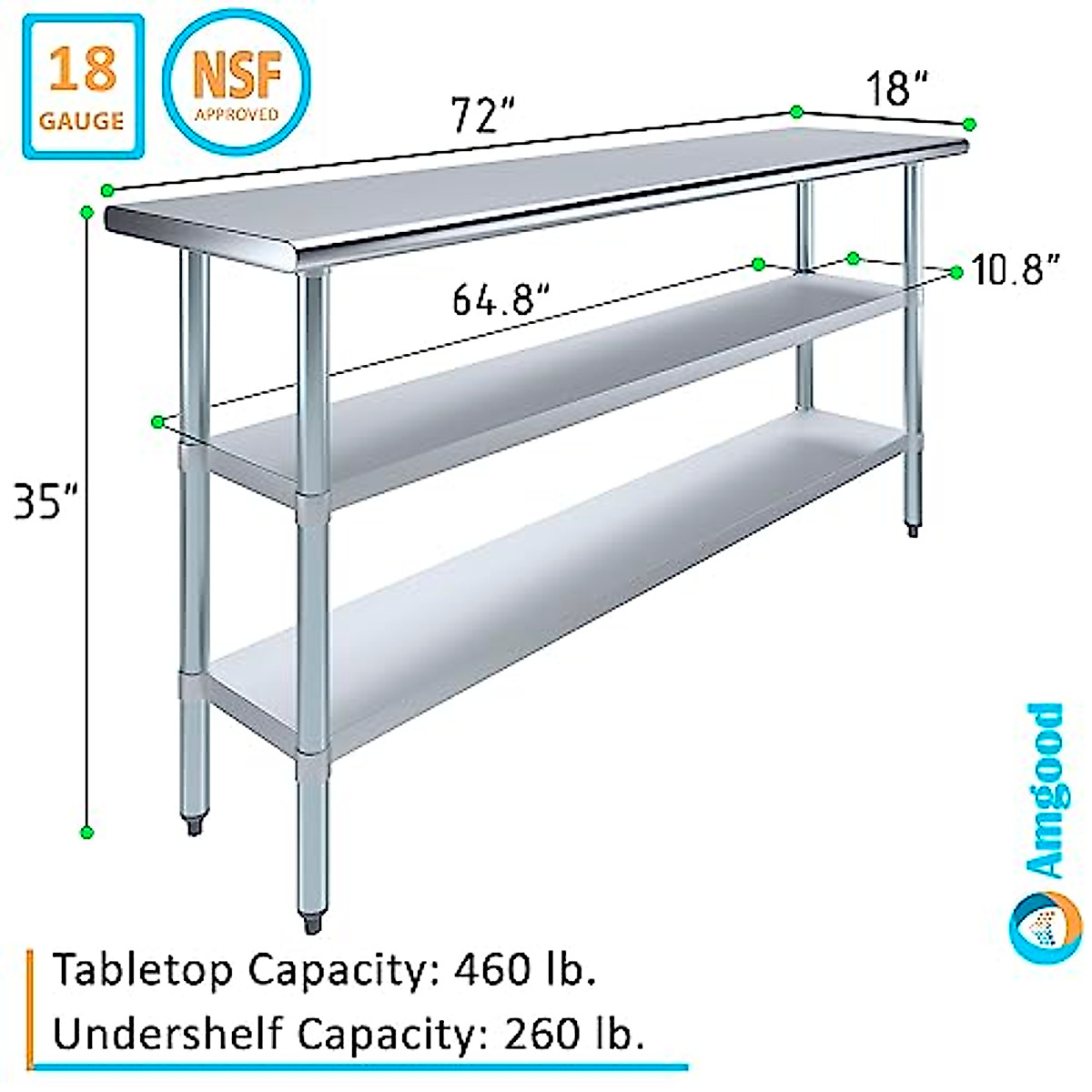 72" Long X 18" Deep Stainless Steel Work Table with 2 Shelves | Metal Food Prep Station | Commercial & Residential NSF Utility Table
