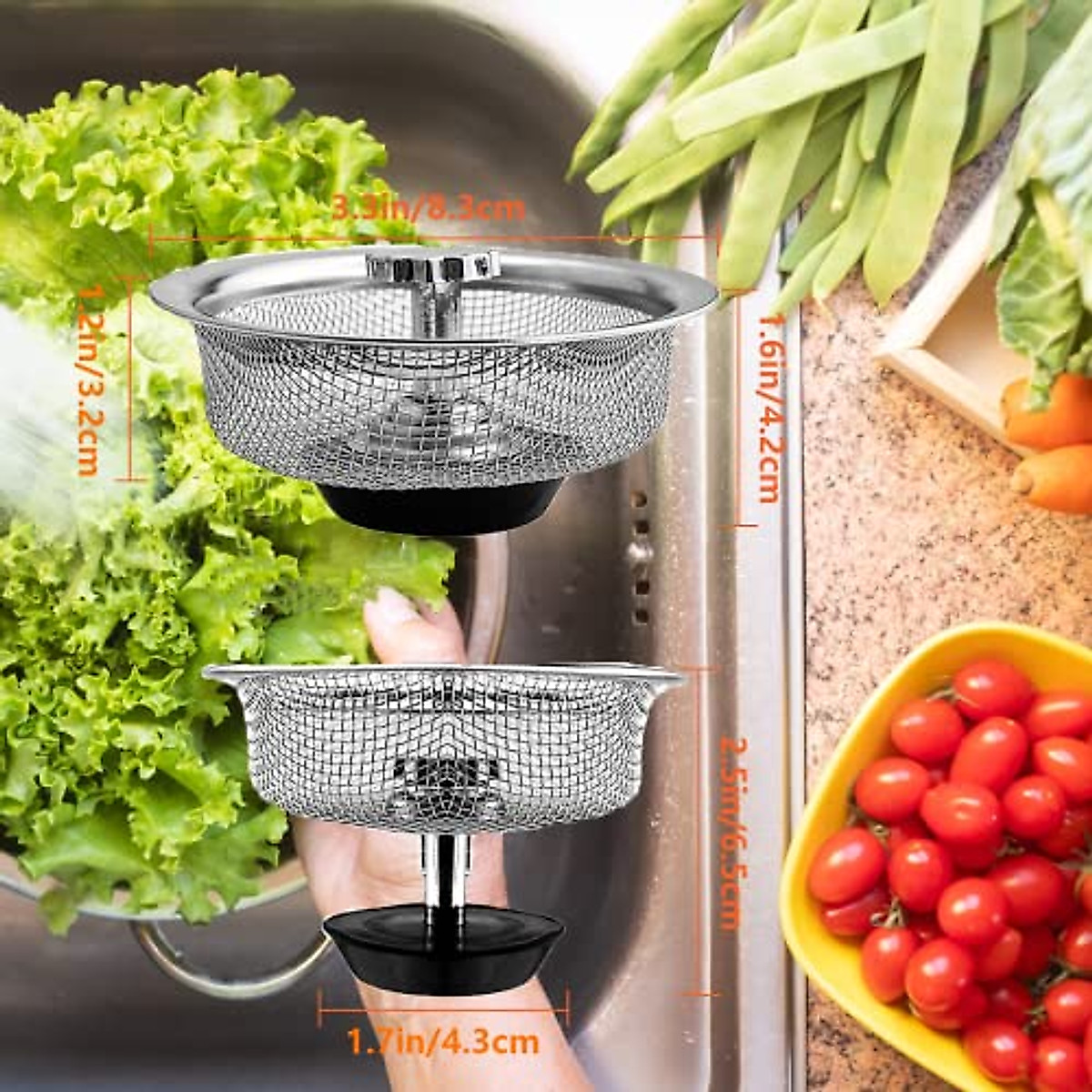 New Kitchen Sink Strainer, 2 Pack Stainless Steel Sink Drain Strainer with Upgraded Telescoping Handle Rubber Stopper, Stainless Steel Universal Anti-clog Kitchen Sink Strainer Sieve Basket Strainer