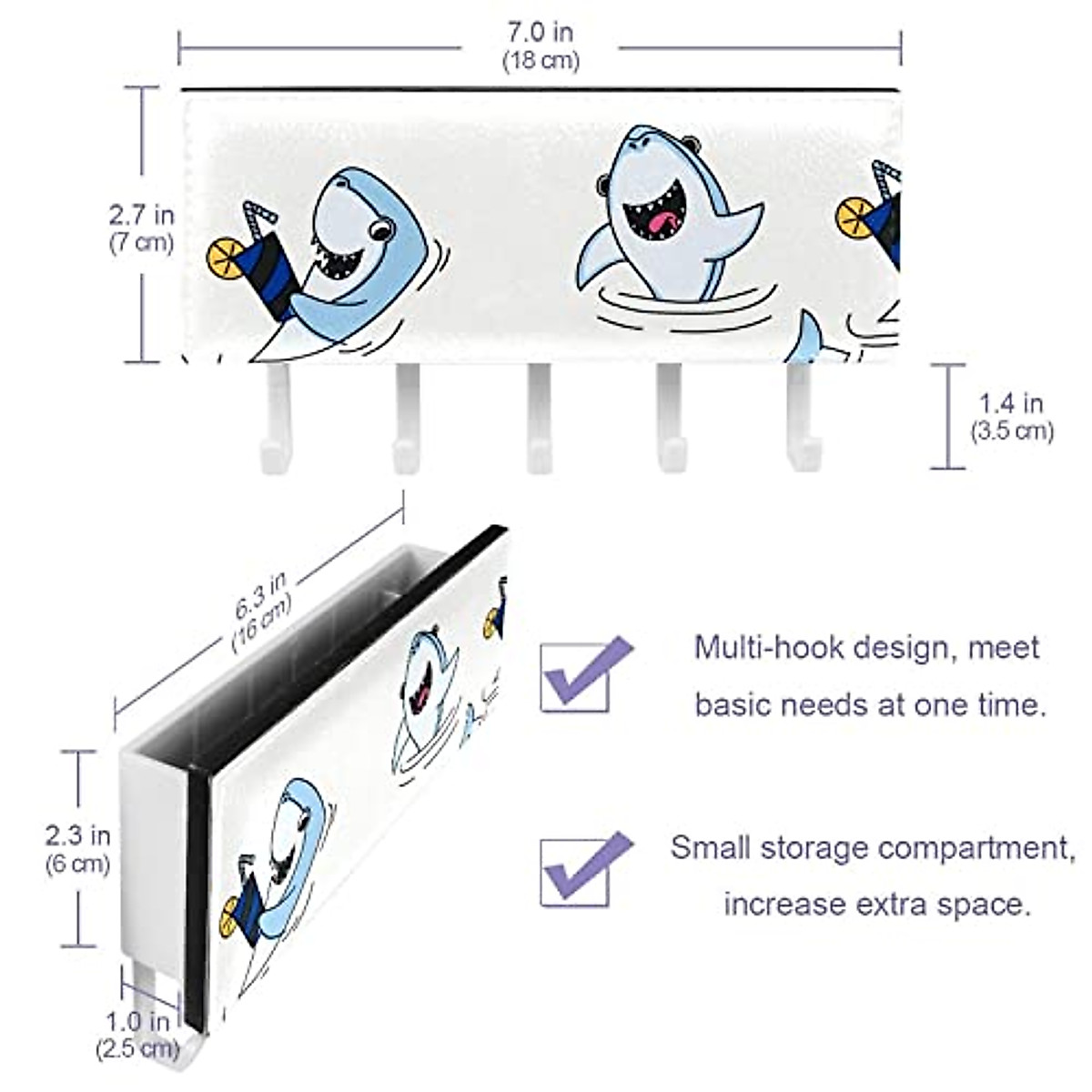 Cute Swim Ring Shark Rack Organizer with 5 Hooks Wall Bathroom Kitchen Shelf Rack Multifunctional Storage Shelf