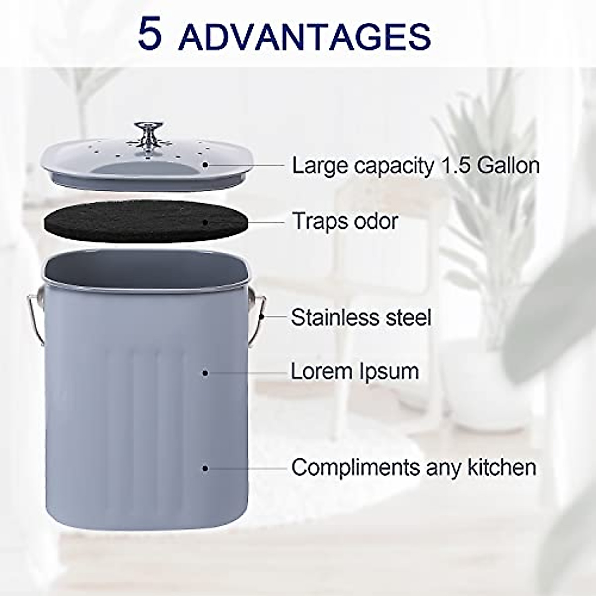 NALATI Nuovoo 1.3 Gal Compost Bin with Lid for Kitchen Countertop, Rust Proofw, Non Smell Filters (Grey)