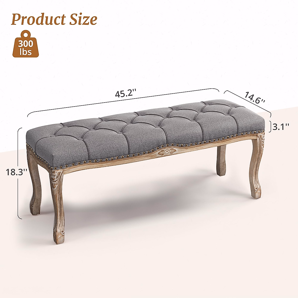 Cozyman Bedroom Bench, French Vintage Tufted Entryway Bench, 45.2" Carving Upholstered End of Bed Bench with Distressed Wood Legs, Linen Ottoman Bench Seat for Living Room, Foyer, Dining Room, Gray