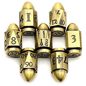 Metal Bullet Dice Set, DND Dice Set Dungeons and Dragons Dice, ZHOORQI D6 Dice Set D&D Dice Gifts for Role Playing Games, Pathfinder, Warhammer 40k or Theme Tabletop Games（7Bullet-Bronze）