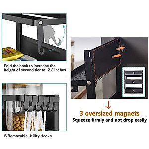 Magnetic Fridge Organizer with 2 Paper Towel Holder, Large Foldable Strong Magnetic Spice Rack with 5 Removable Hooks，Magentic Shelf Hold up to 30LBS (Black)