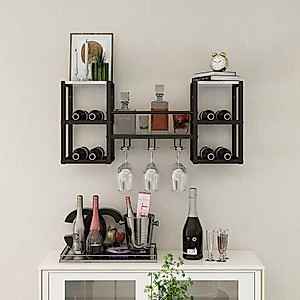 GiftGo Industrial Brown Wall Mounted Wine Rack with 3 Steam Glass Holder Partial Wood Shelf Black Metal Bottle Holder Multi Functional Wine Storage Display Rack for Home Bar Dining Room Kitchen