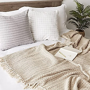 DII Modern Zig Zag Throw Blanket Woven Cotton, Hand-Knotted 2.5" Fringe, 50x60, Stone