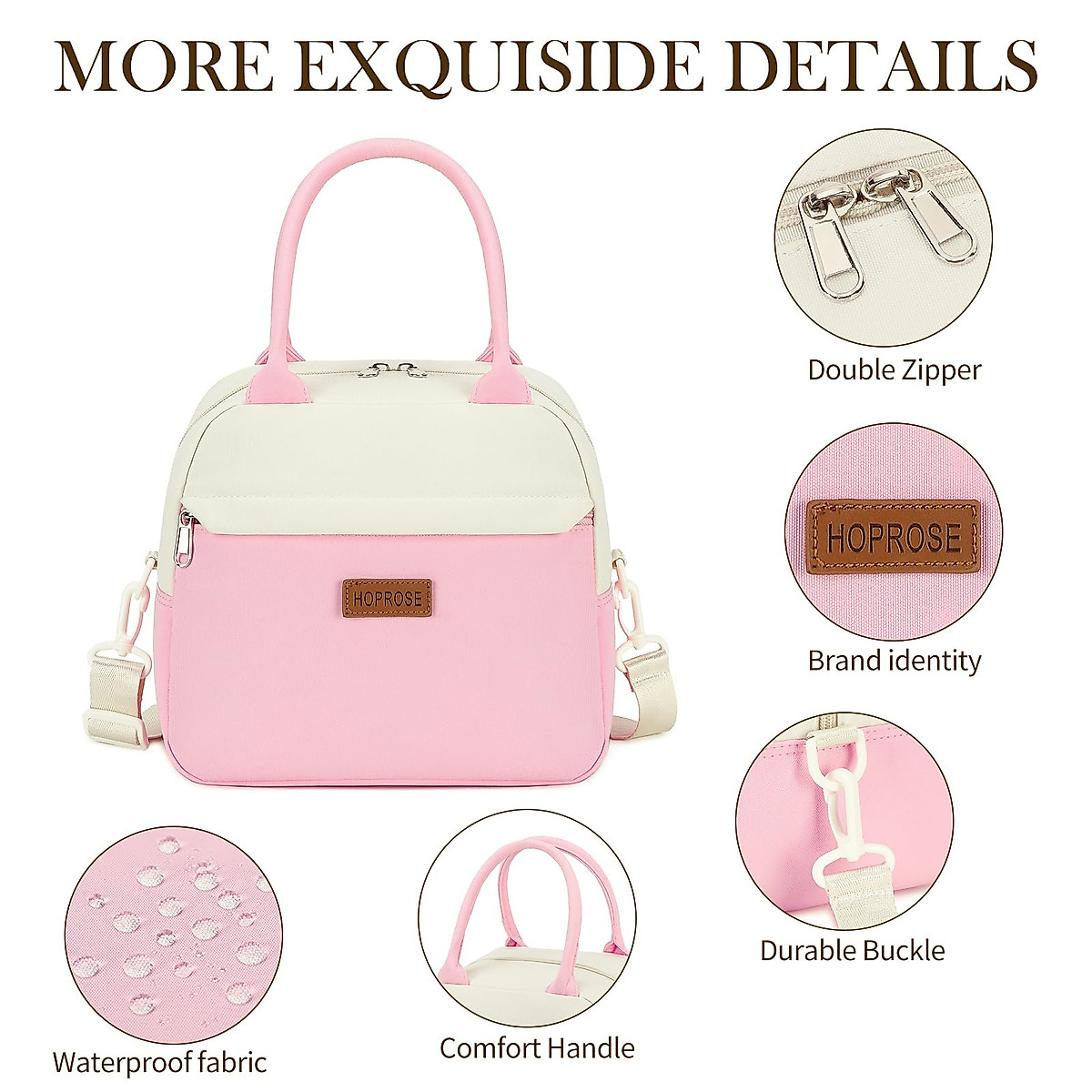 Generic HOPROSE Lunch Bags for Women Men Adults, Insulated Leakproof Lunch Box Large Capacity Lunch Tote Bag, Reusable Cooler Lunch Container for Work/Picnic/Camping (Pink with White), #1801