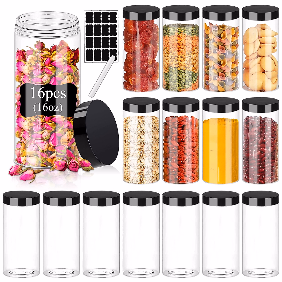 Hajoyful Plastic Jars with Lids 16OZ 16PCS Small Empty Slime Cosmetics Containers Clear Gift Food Jars Round PET Cream Jars with Black Lids Pen Labels for Kitchen Storage Spices Dry Food Butter