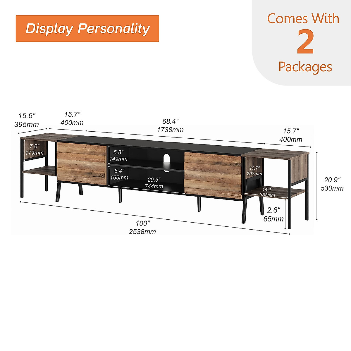 WAMPAT Mid-Century TV Stand for 100 Inch TV, Wood Entertainment Center for 85 90 95 inch TV Console Table with Open Storage for Living Room Bedroom,Black&Brown