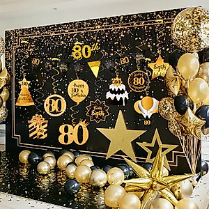 Hapdoo 80th Birthday Decorations Set - 80th Birthday Decorations Men Happy 80th Birthday Banner Triangle Flag Hanging Swirls Streamers for Women Men Birthday Party Decorations Supplies, Black and Gold