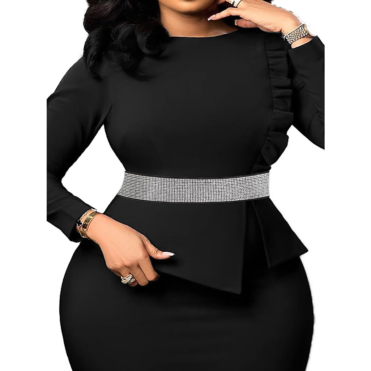 Abien Rhinestone Wasit Belts Black Elastic Belt Sparkle Stretch Waist Belt Plus Size for Women for Dresses (Silver-2)