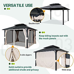 EAGLE PEAK 12x14 Outdoor Steel Frame Hardtop Gazebo Pavilion with Double Roof for Garden, Patio, Lawn and Party, Mosquito Mesh Netting and Light Beige Privacy Curtains Included, Black