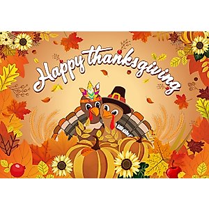 7x5ft Happy Thanksgiving Fabric Fall Photography Backdrop Autumn Leaves Pumpkin Turkey Sunflower Large Size Background for Fall Party Supplies Farm Harvest Event Banner Decoration Photo Booth Props