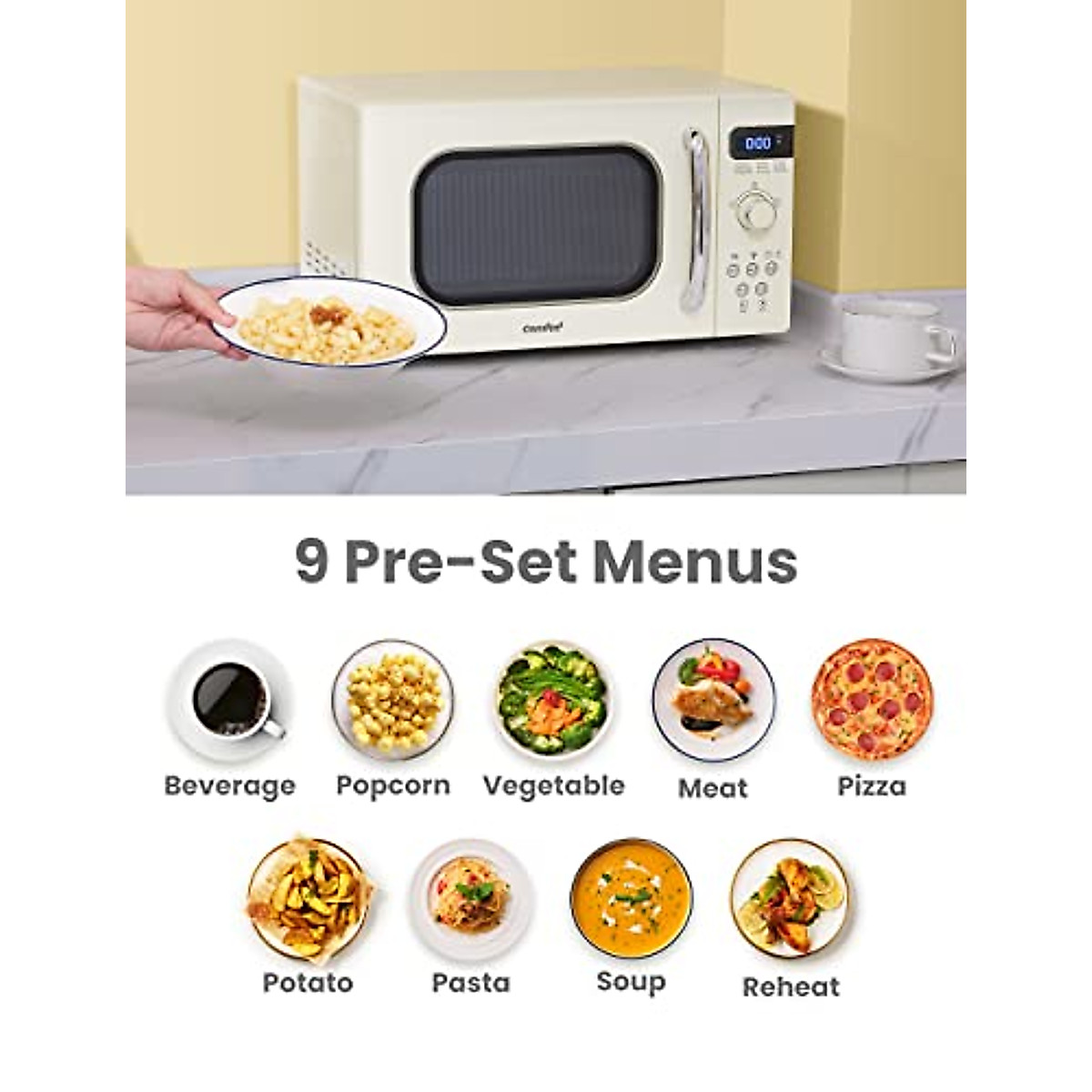 COMFEE' Retro Small Microwave Oven With Compact Size, 9 Preset Menus, Position-Memory Turntable, Mute Function, Countertop Microwave Perfect For Small Spaces, 0.7 Cu Ft/700W, Cream, AM720C2RA-A