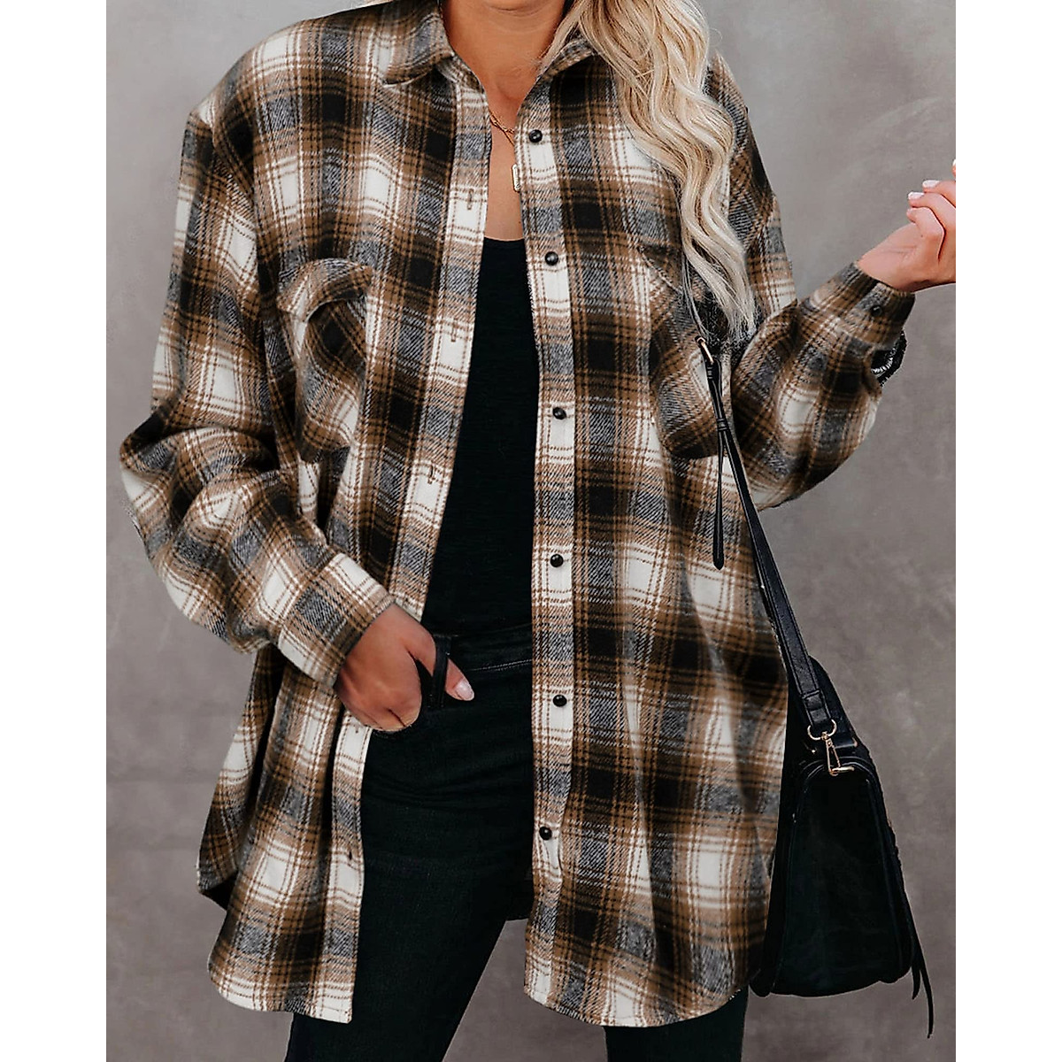 BTFBM Womens Plaid Jacket Long Sleeve Button Down Casual Flannel Shacket Shirts Loose Fall Spring Blouses Tops 2025(Plaid Brown, Large)