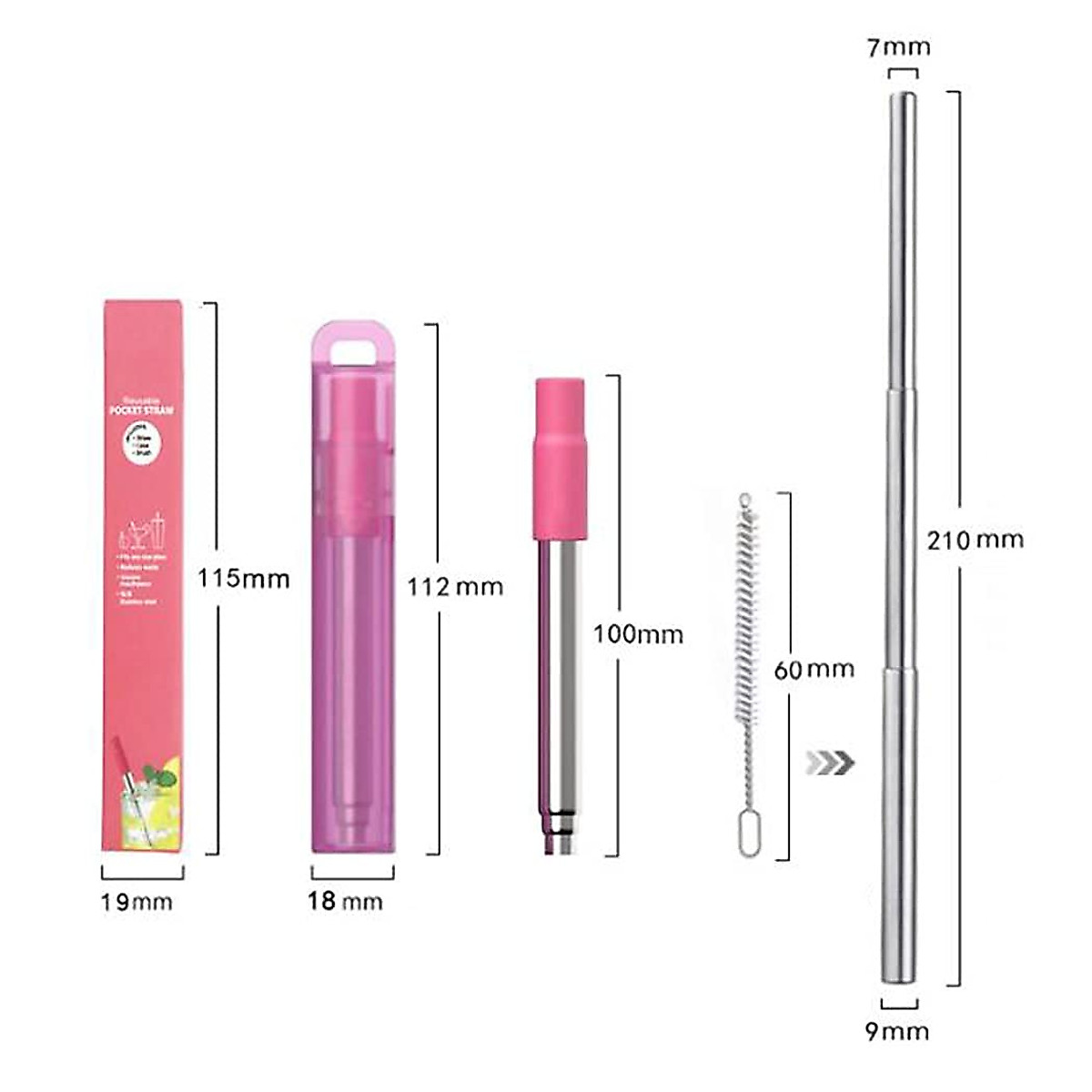 Hoshen Reusable Stainless Steel Telescopic Straw, Portable Straw, With Silicone Nozzle And Cleaning Brush (Original Box), Red，1 Piece