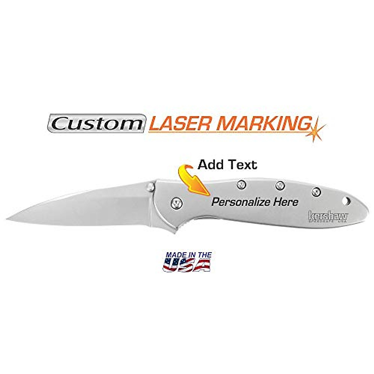 Custom Laser Engraved Kershaw Leek Knife 1660 Silver Handle with Silver Fine Edge Blade